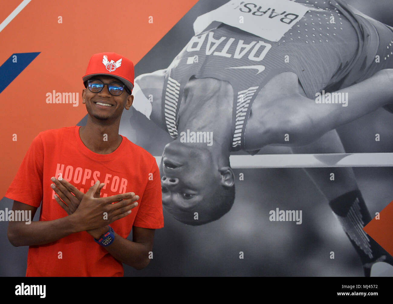 Doha, Qatar. 3rd May, 2018. High jumper Mutaz Barshim of Qatar pose for ...