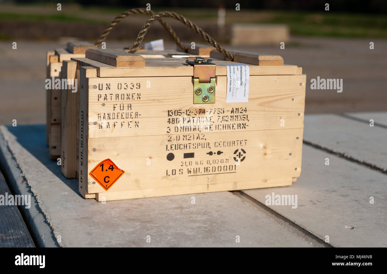 19 April 2018, Germany, Munster: A munition container on the military ...