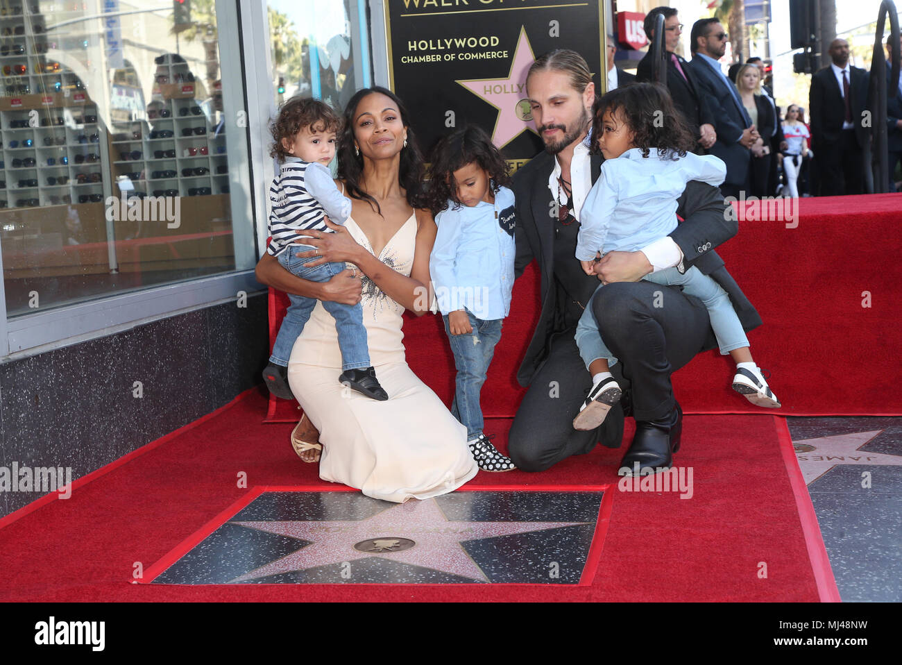 Hollywood, Ca. 3rd May, 2018. Zoe Saldana, Marco Perego, Bowie Ezio ...
