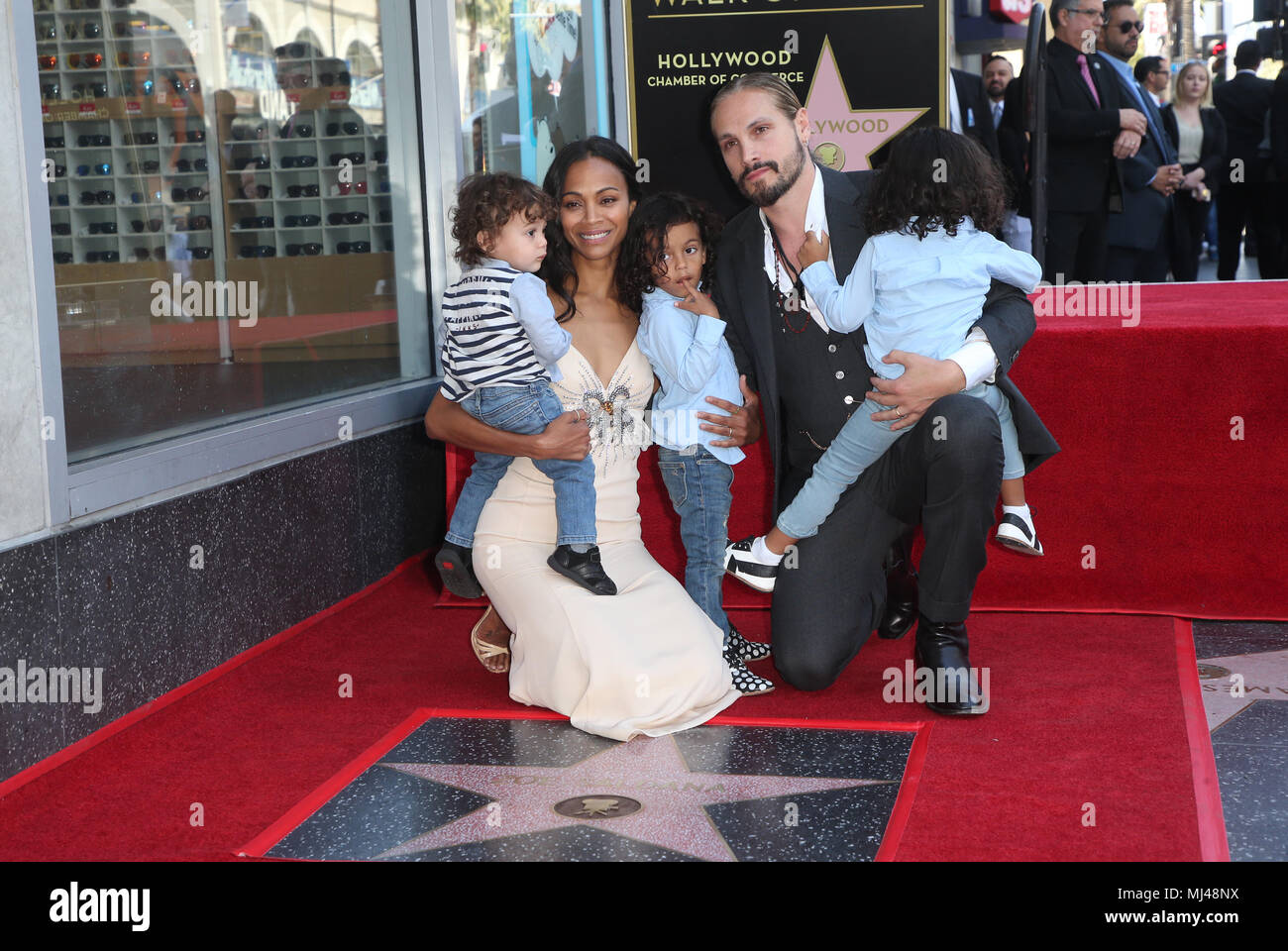 Hollywood, Ca. 3rd May, 2018. Zoe Saldana, Marco Perego, Bowie Ezio ...
