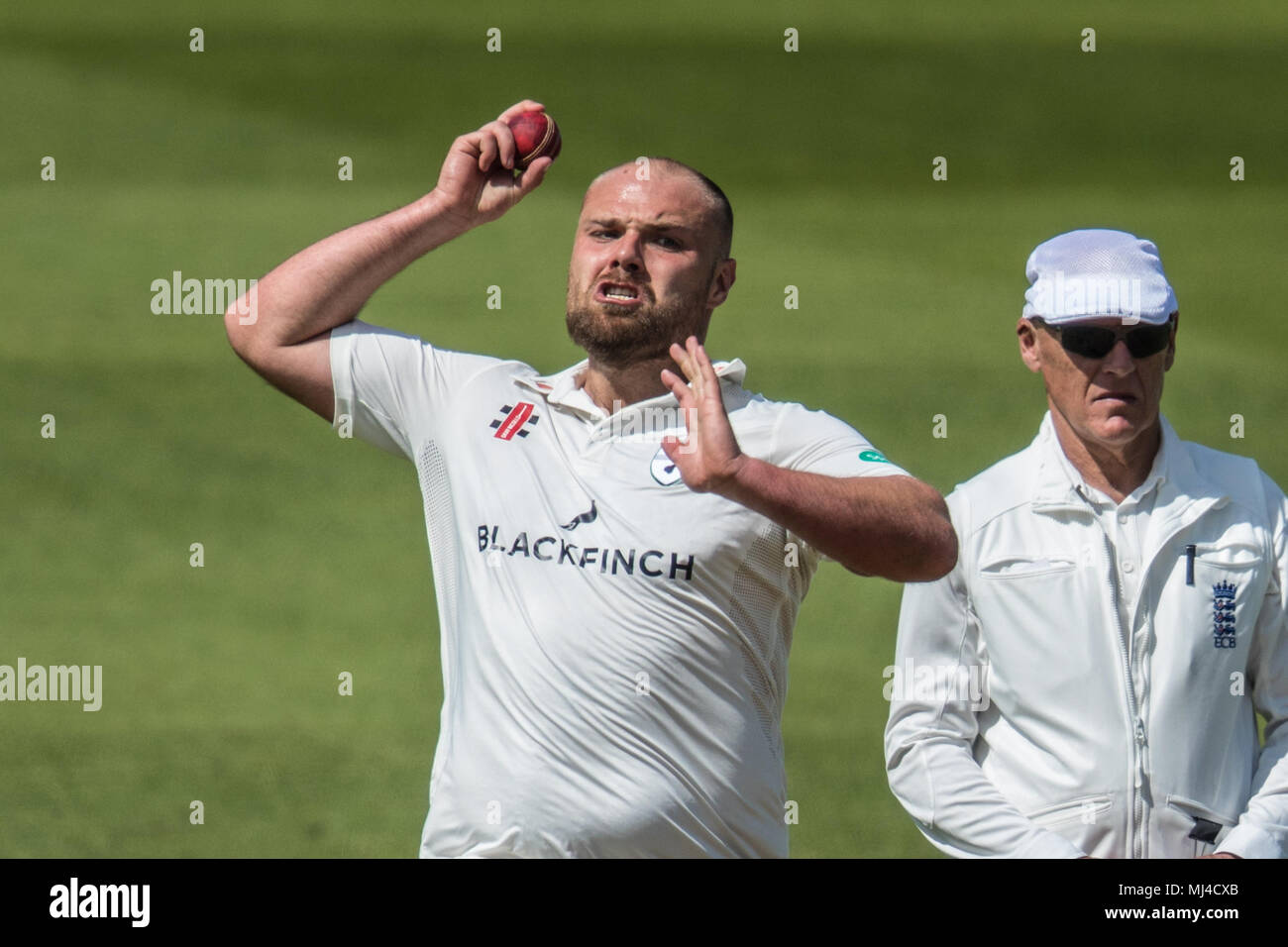 London,UK. 4 May, 2018. Joe Leach bowling for Worcestershire against ...