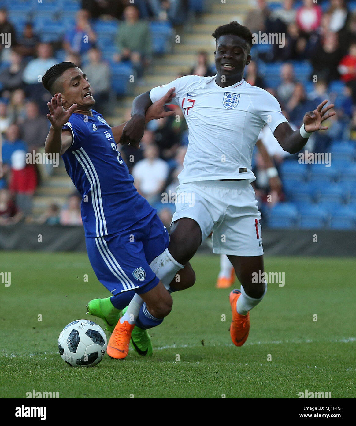 Chesterfield, UK. 4th May, 2018. Guy Hakim of Israel is fouled by ...