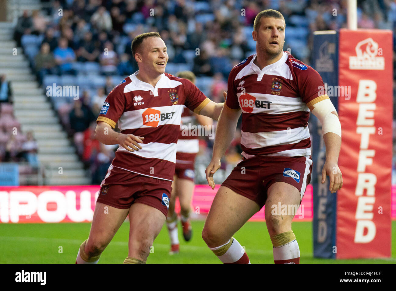 Wigan, UK. 4th May, 2018. Wigan Warriors's Tony Clubb celebrates ...