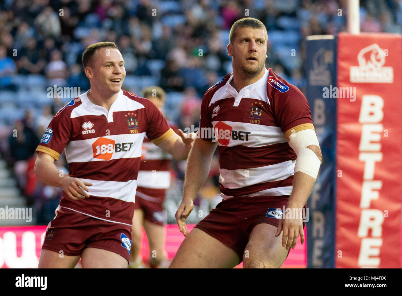 Wigan, UK. 4th May, 2018. Wigan Warriors's Tony Clubb celebrates ...