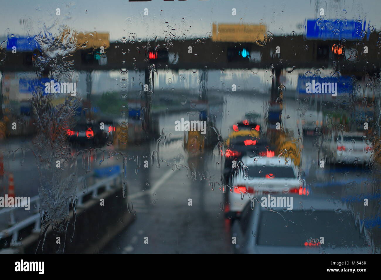 rain strom weather on windshield. visual obstruction poor visibility on ...