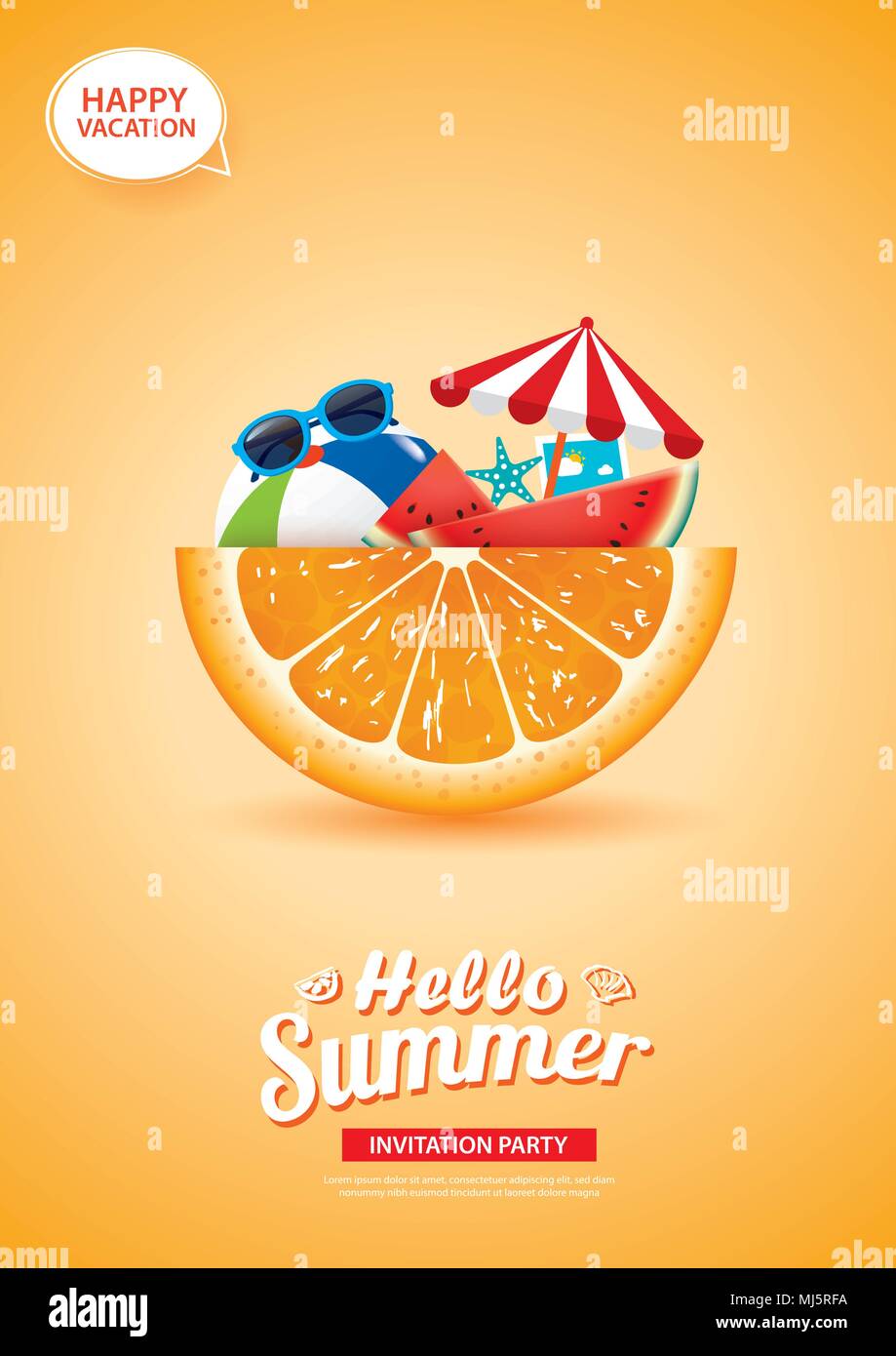Hello summer card banner with orange background. Use for poster, flyer ...