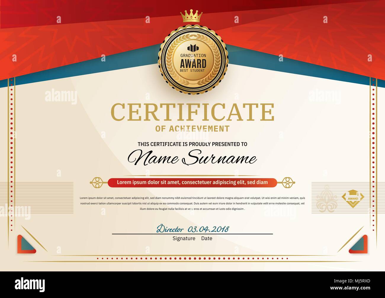 Official certificate with red turquoise square design elements. Red ...