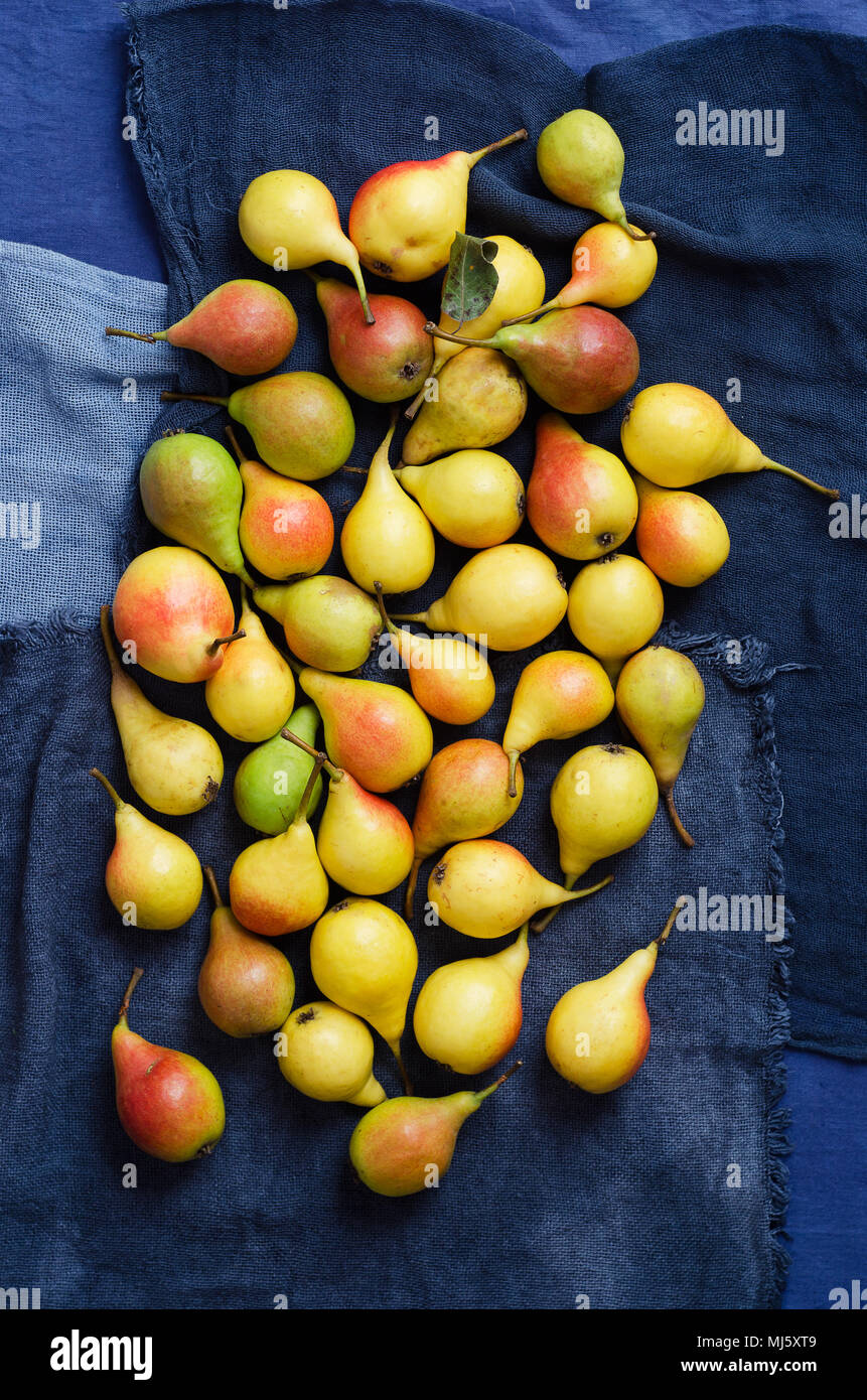 Multiple colorful pears over rustic blue cloth, above view Stock Photo ...