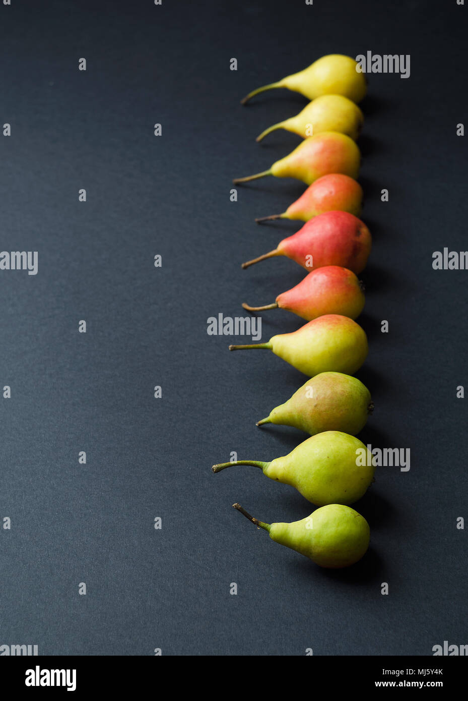 Multiple colorful pears organized in a row over black background Stock ...