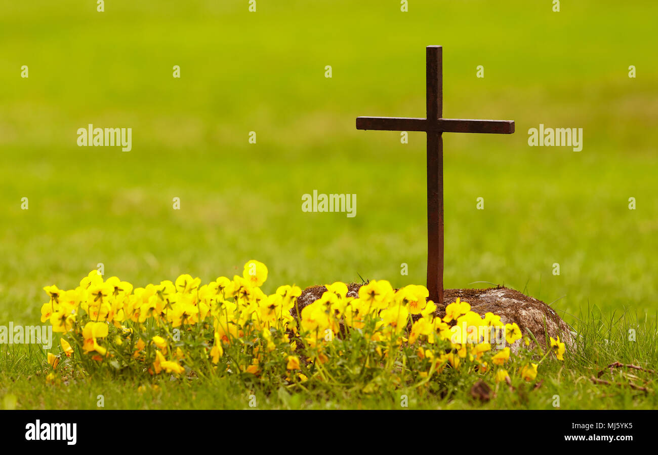 Christian grave with yellow flowers planted at the grave Stock Photo ...