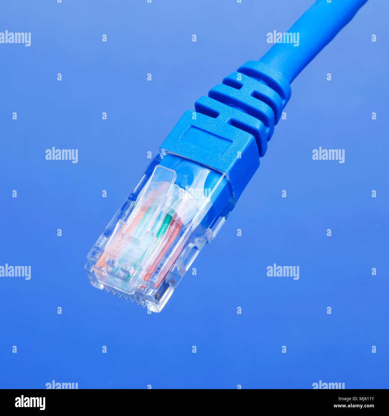 Blue network cable with RJ-45 connector on a blue background Stock ...