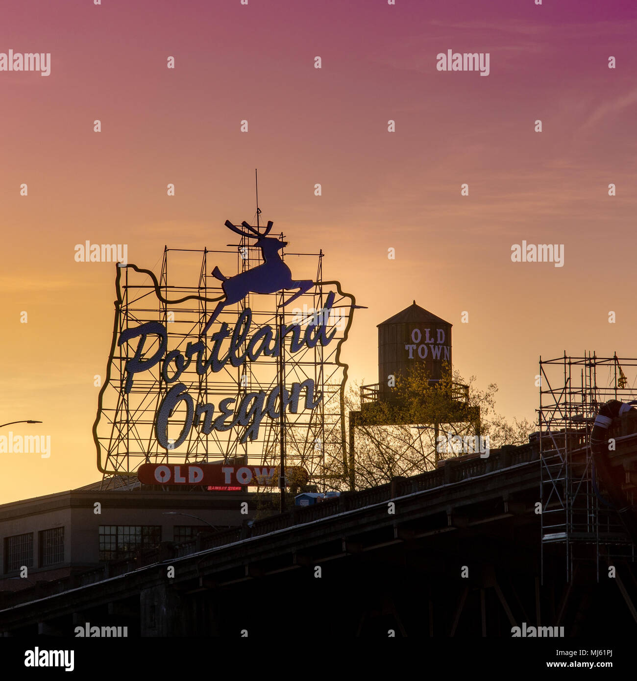 Portland, Oregon, USA - April 24, 2018 : Sunset over the iconic ...