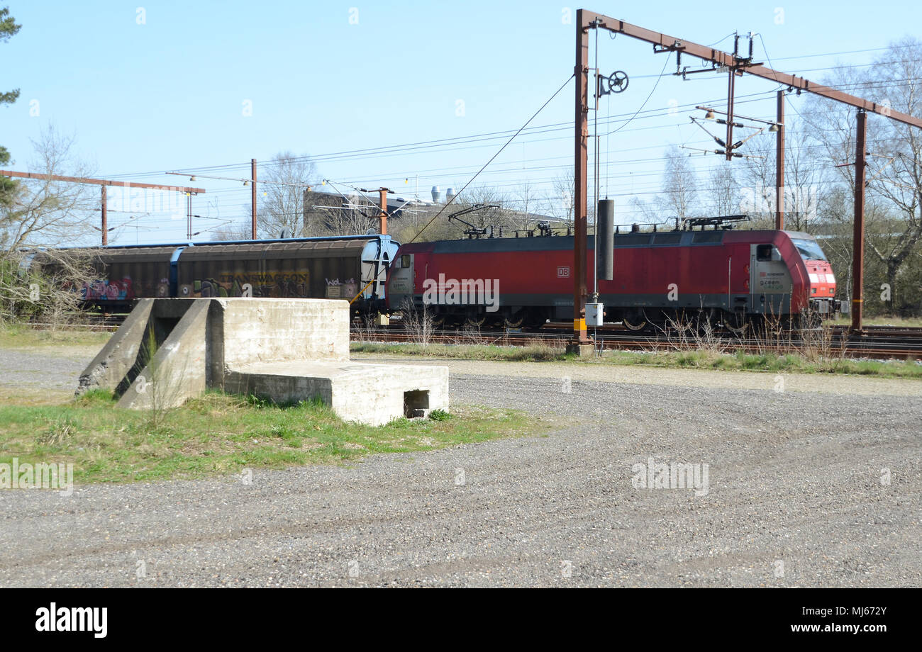 Tinglev, Denmark - April 19, 2018: A southbound freight train of the DB ...