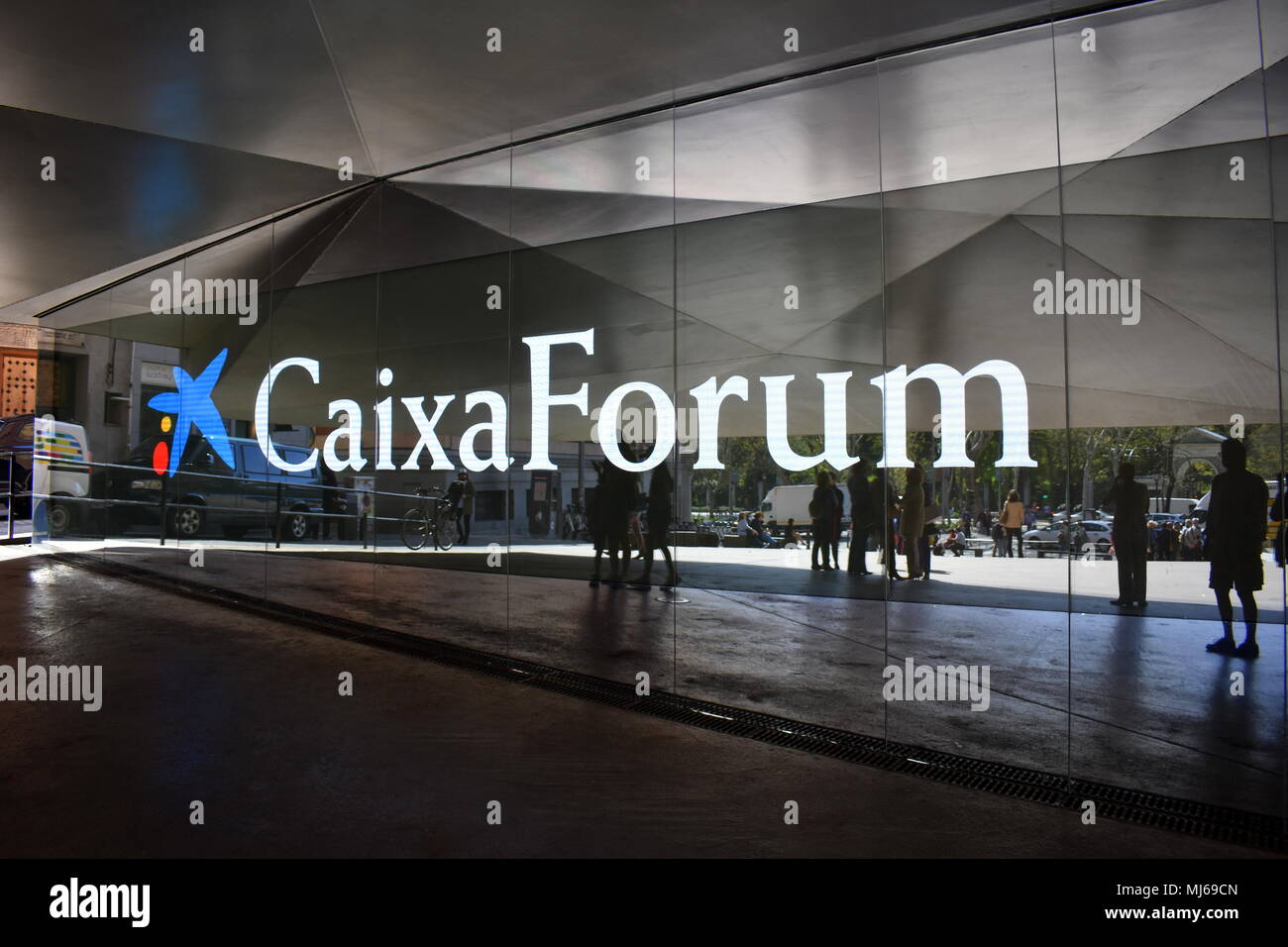 Front entrance and sign of the CaixaForum museum and cultural centre ...