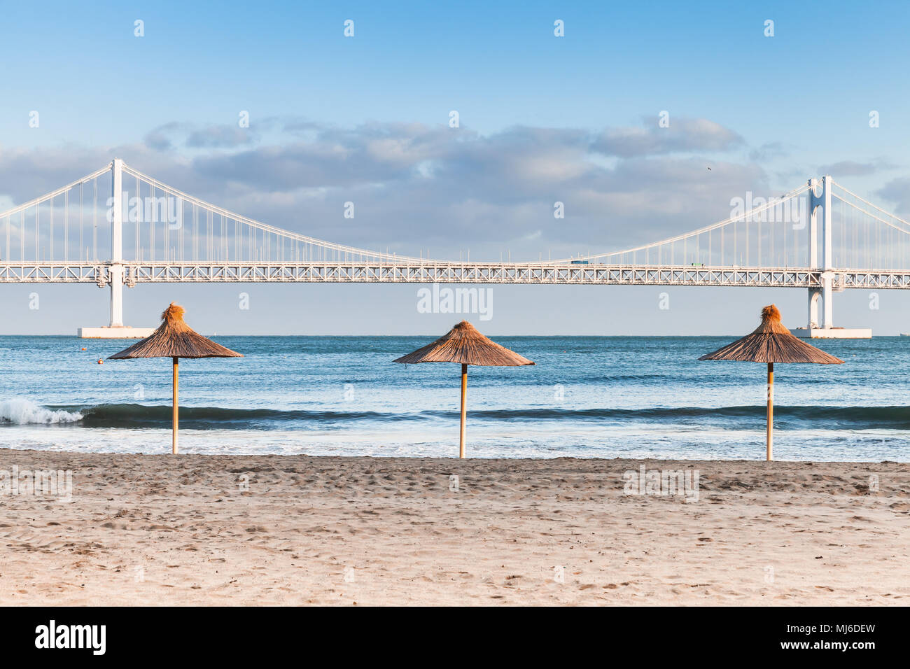 Gwangandaegyo or Diamond Bridge, suspension bridge and beach. Busan ...