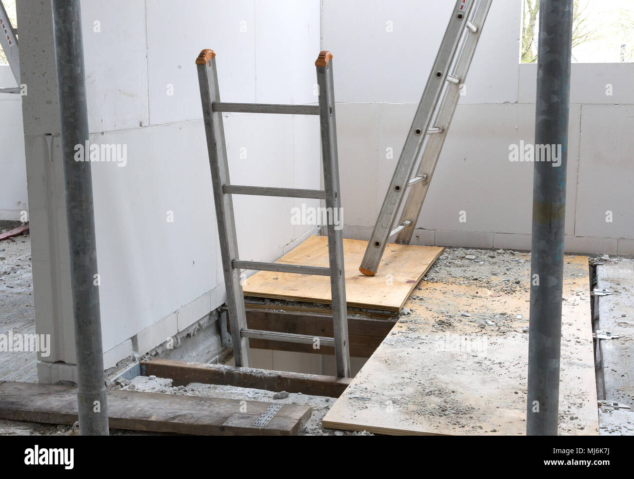 Building site with house under construction - Stairs to the first floor ...
