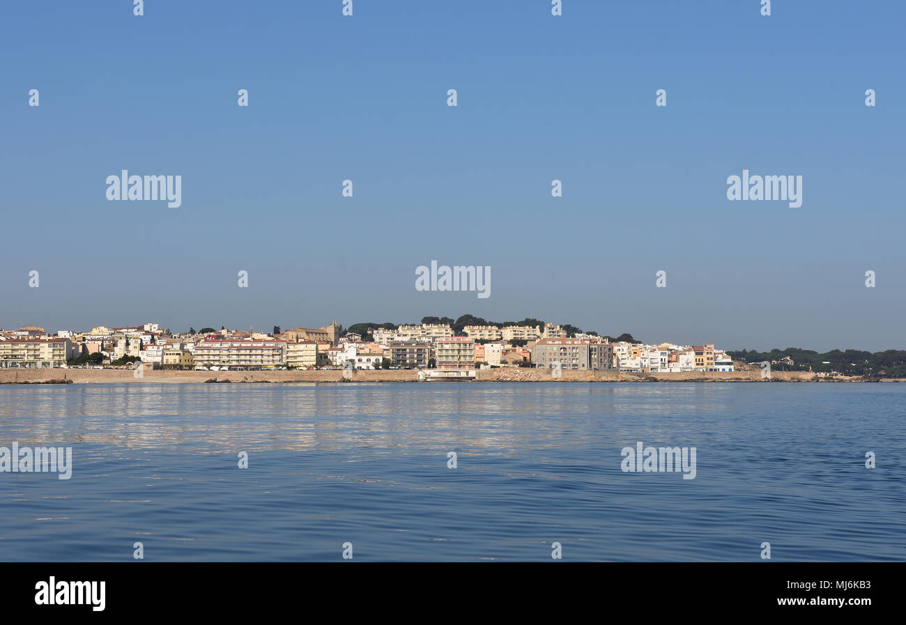maritime view of the village of La Escala, Costa Brava, Girona province ...