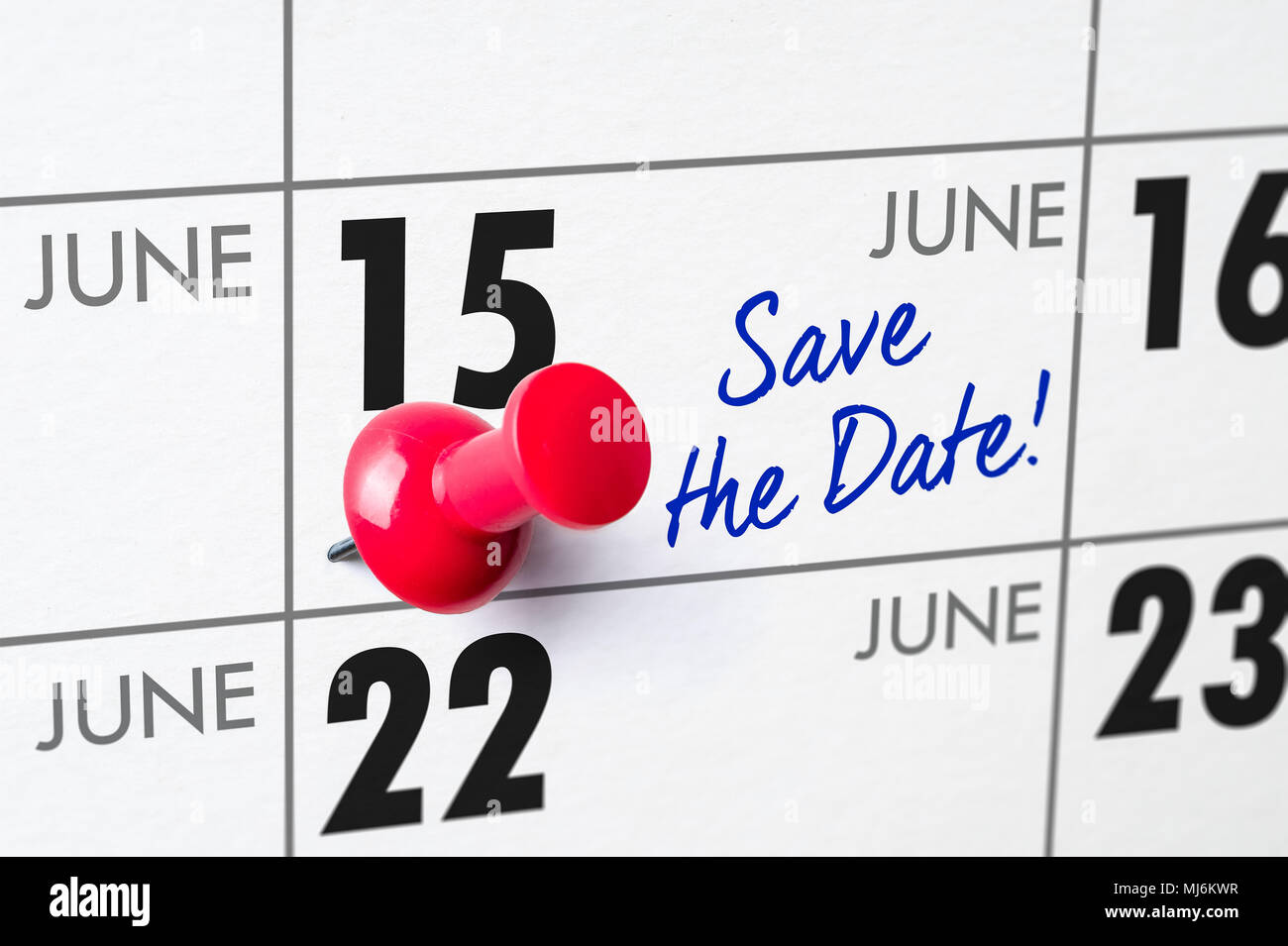 Wall calendar with a red pin - June 15 Stock Photo - Alamy