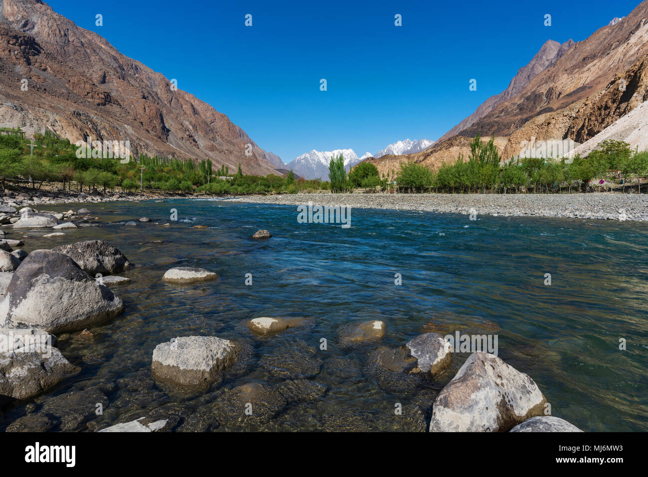 Landscape of mountains, river and forests in summer at northern ...