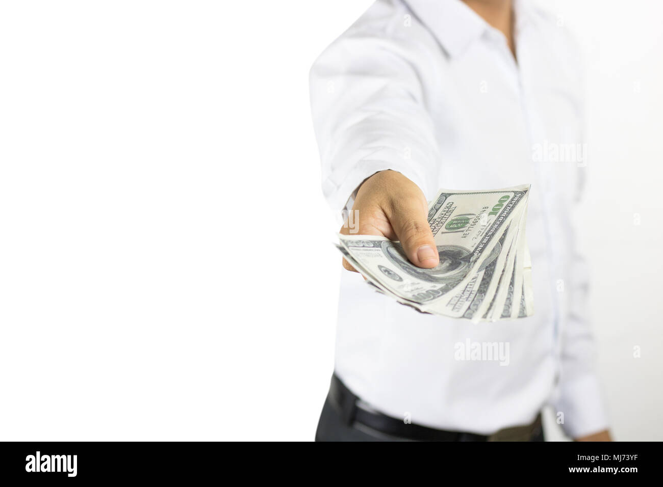 Business Man Displaying a Spread of Cash or give money on white ...