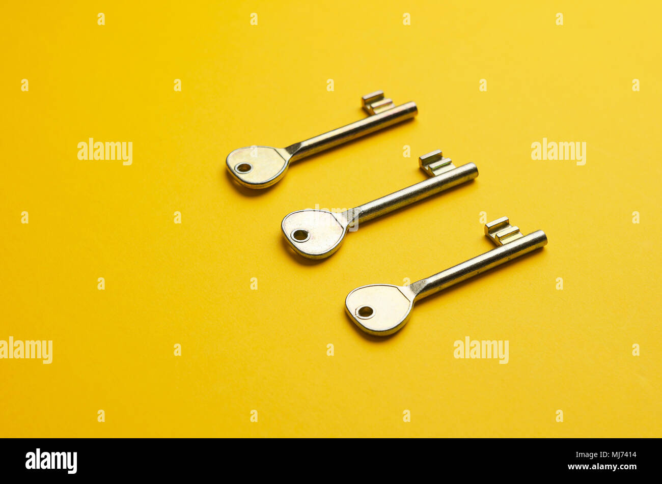 Simple door keys organized in a row over bright yellow background Stock ...