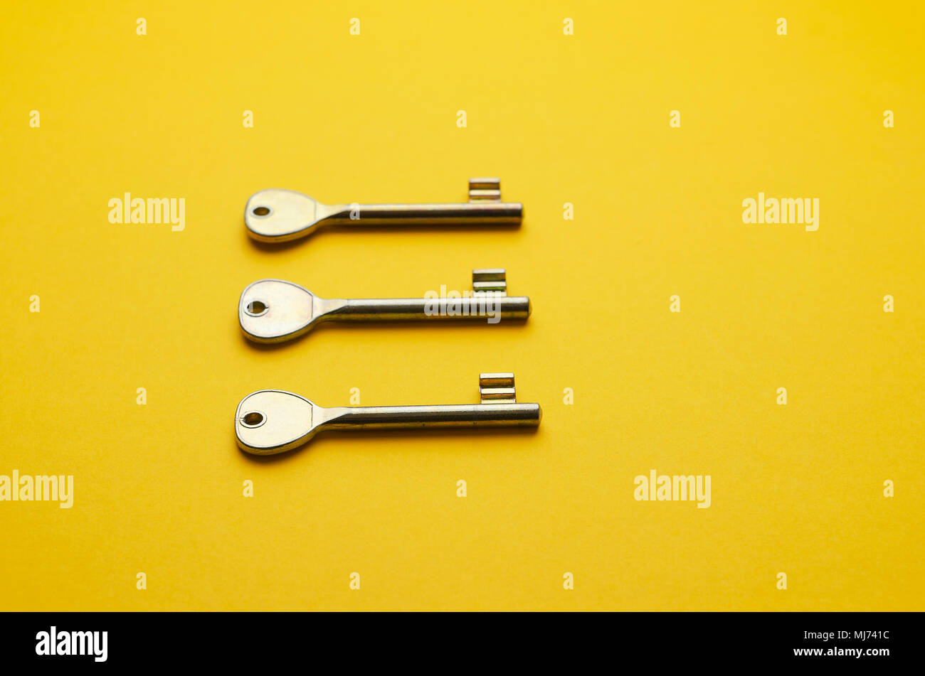 Simple door keys organized in a row over bright yellow background Stock ...
