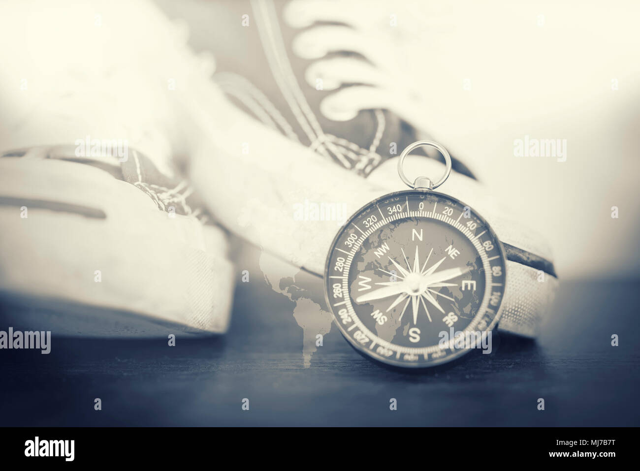 Double exposure of compass, shoes and world map. Travel concept Stock ...