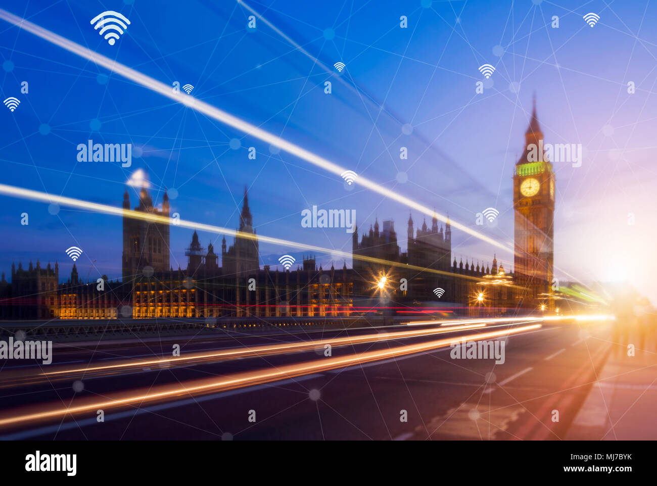 Hand holding smart phone and city with network connection. Smart city ...