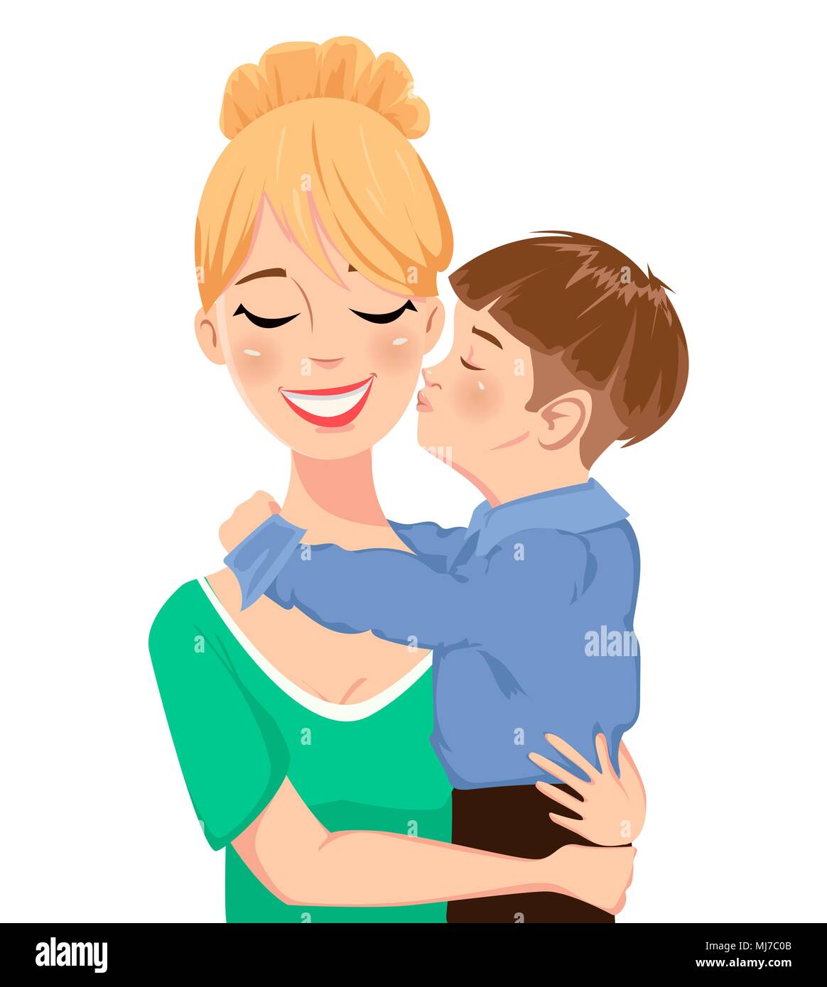Mother's day greeting card. Child hugging and kissing his beautiful mom ... Mother's day greeting card. Child hugging and kissing his beautiful mom ...