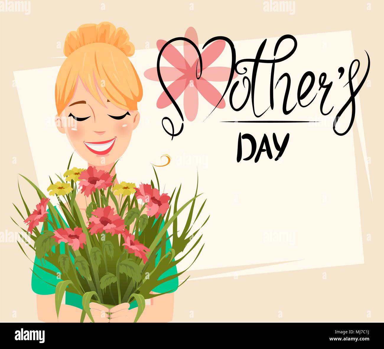 Mothers Day Greeting Card Beautiful Woman Holding A Bouquet Of