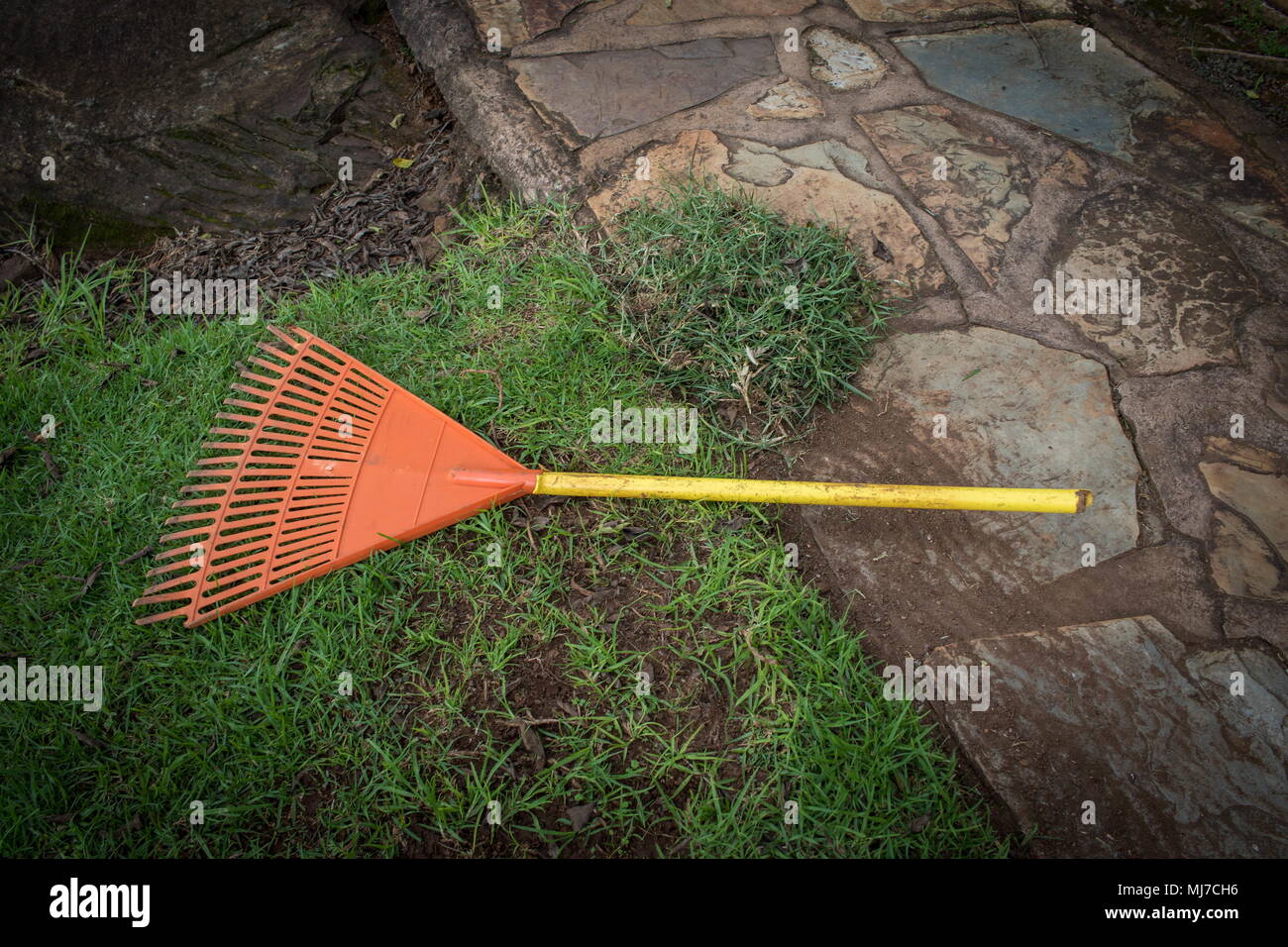 Orange colored gardening rake with a pile of raked up grass on a stone ...