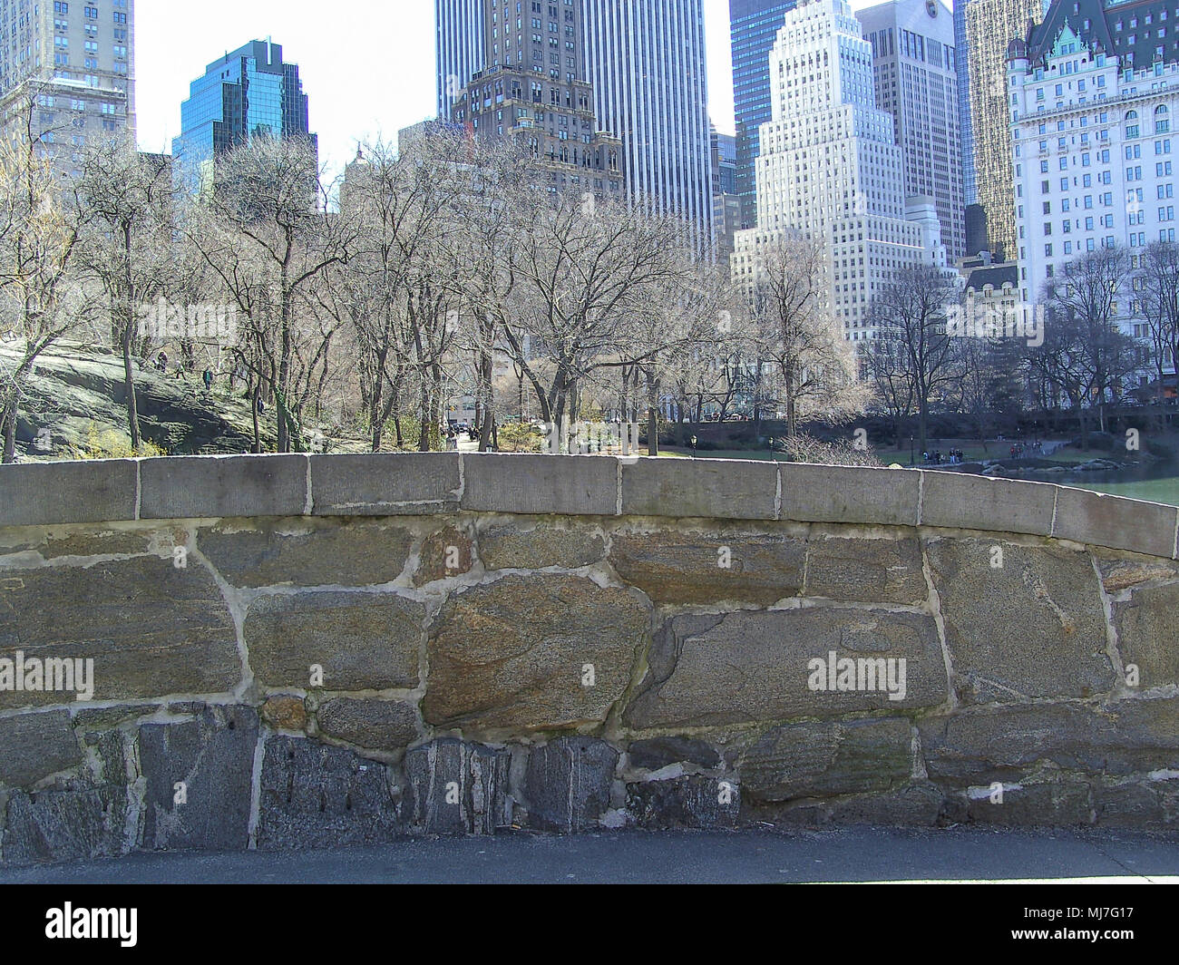 Central Park bridge, famous bridge in Central park, view over pond in ...