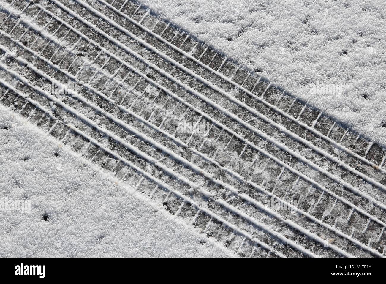Snow tyre tracks - snowy winter road surface background Stock Photo - Alamy