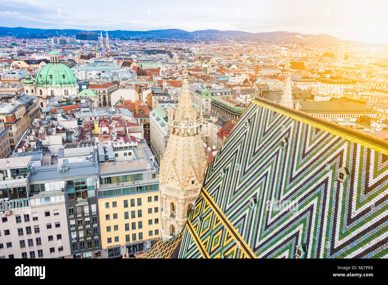 Aerial view over the rooftops of Vienna from the south tower of St ...