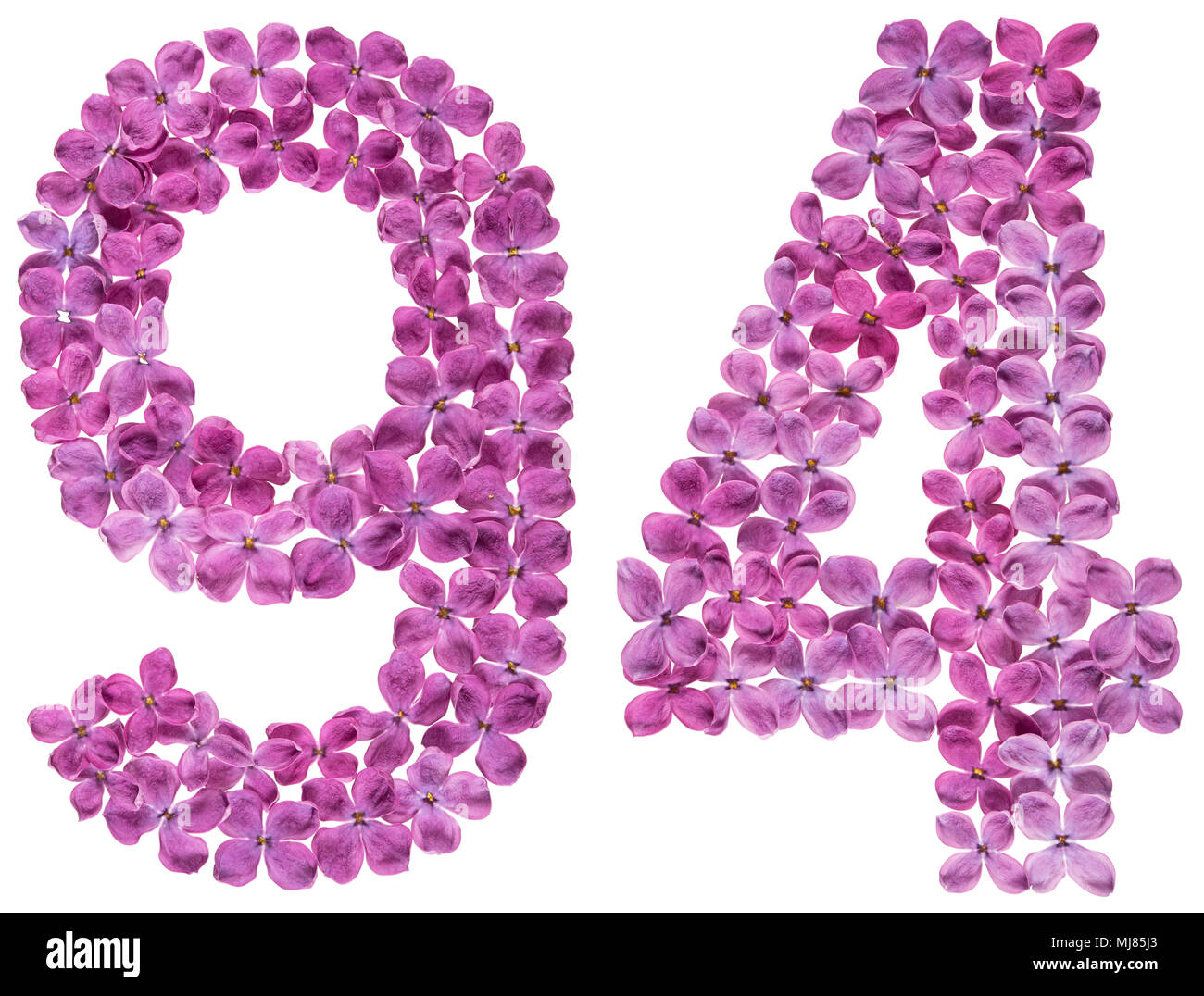 Arabic numeral 94, ninety four, from flowers of lilac, isolated on ...