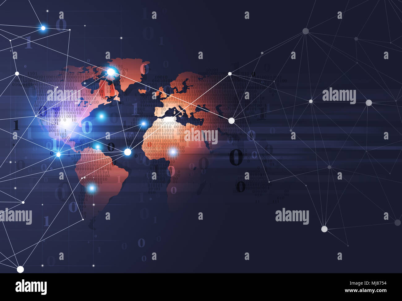 abstract mixed technology binary code and world map on blue background ...