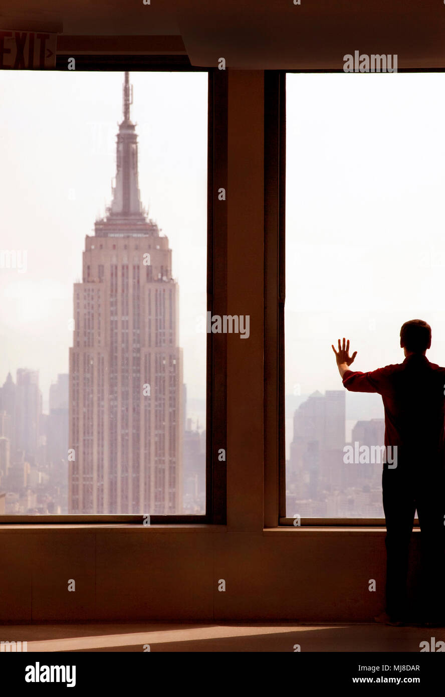 Rear view of man looking out of window at Empire State Building ...