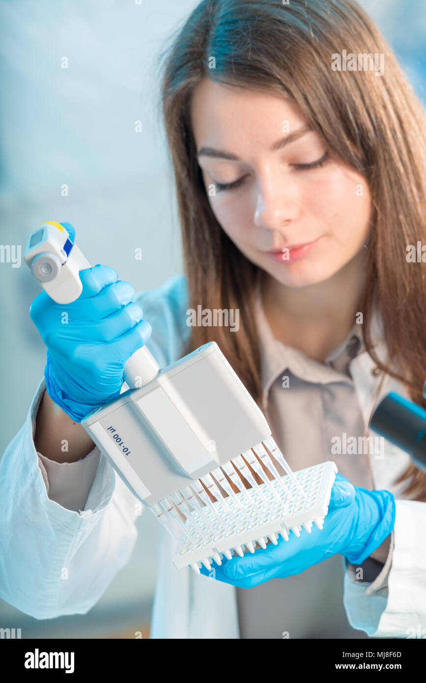 student woman with multi pipette and other PCR items in microbiological / genetic laboratory ...