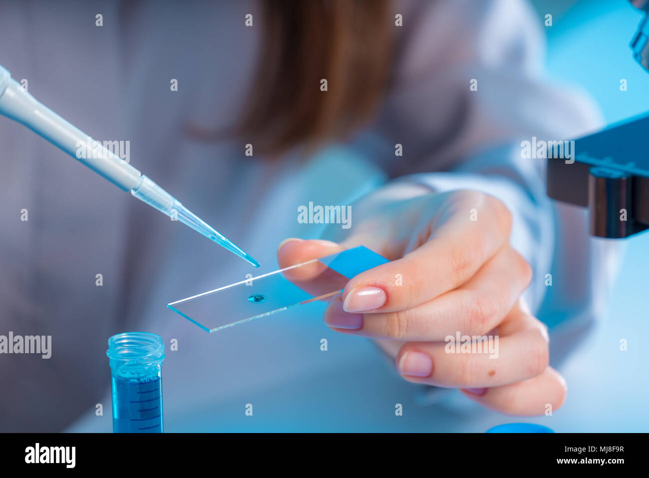 female technician take sample on microscope slide Stock Photo - Alamy