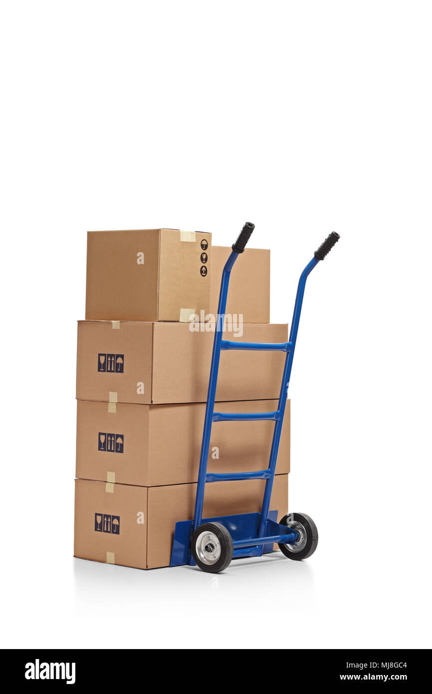 Hand truck loaded with boxes isolated on white background Stock Photo ...