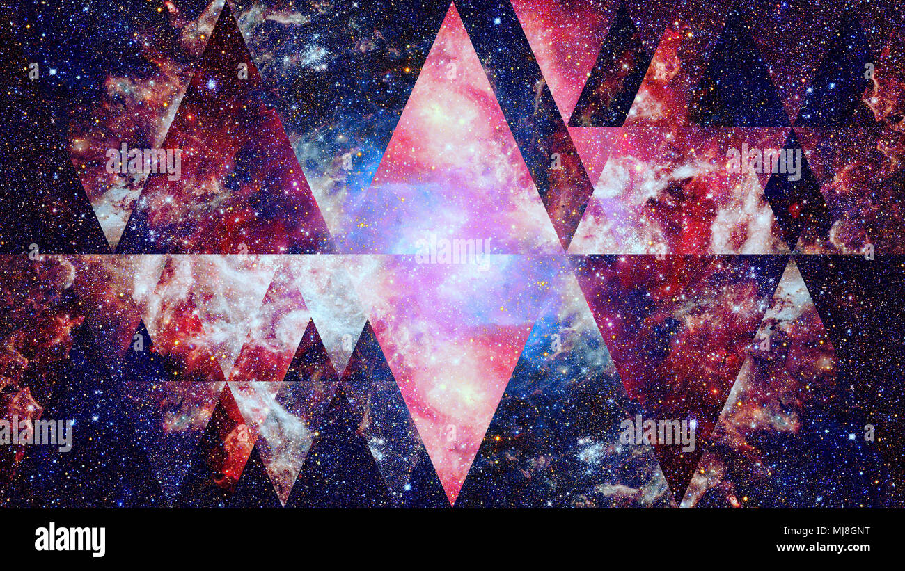 Image of the nebula, galaxy and the sacred geometry collage. Abstract ...