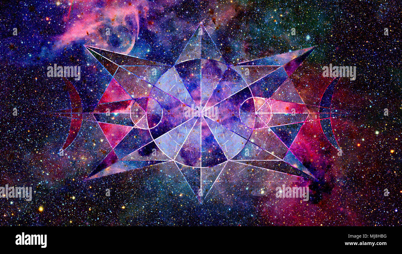 Abstract cosmos geometric background with polygons, triangles, stars ...