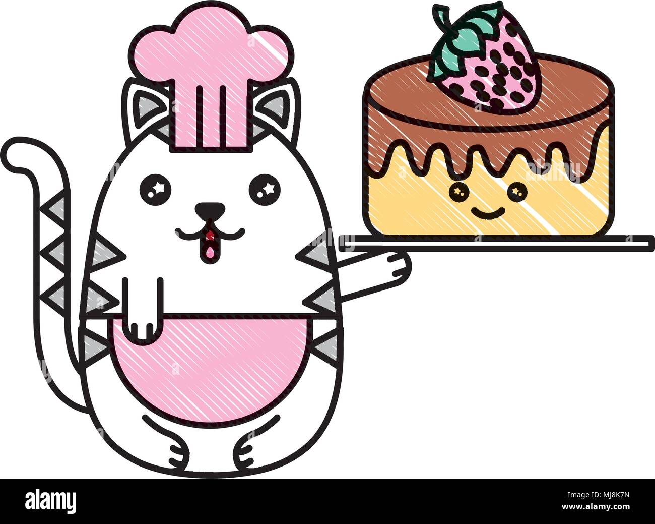 cute cat chef with delicious cake and fruit strawberry kawaii character ...