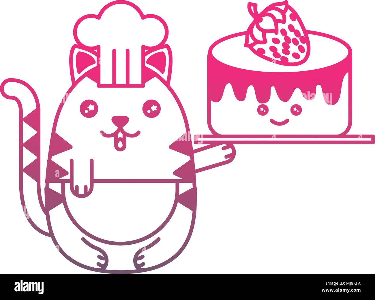kawaii chef cat with sweet cake cartoon vector illustration gradient ...