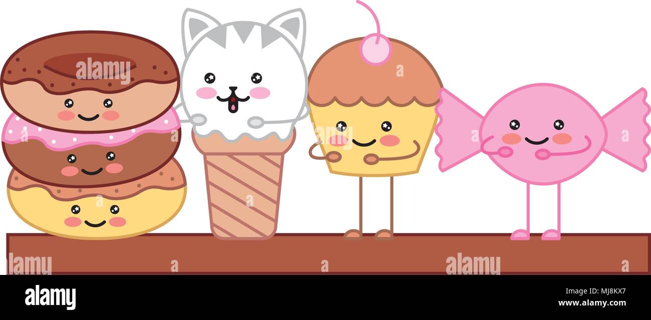 kawaii donuts ice cream candy and cupcake cartoon vector illustration ...