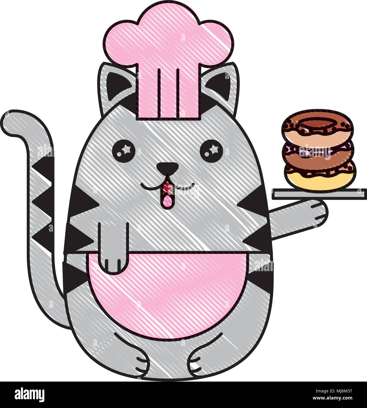 cute cat chef with delicious donuts kawaii character vector ...