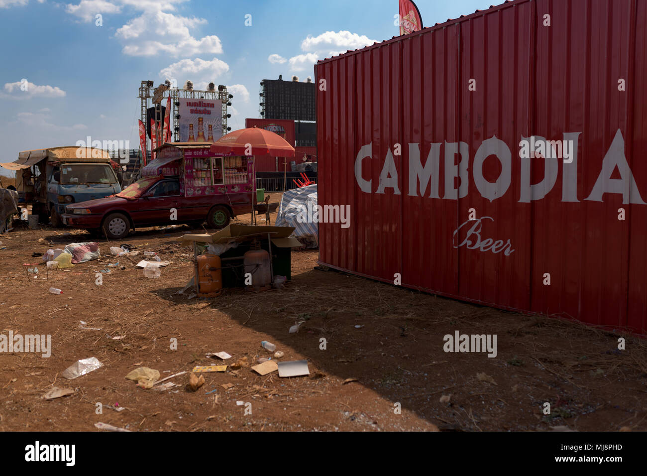 Music scene after Cambodia beer event party, garbage scatter around ...