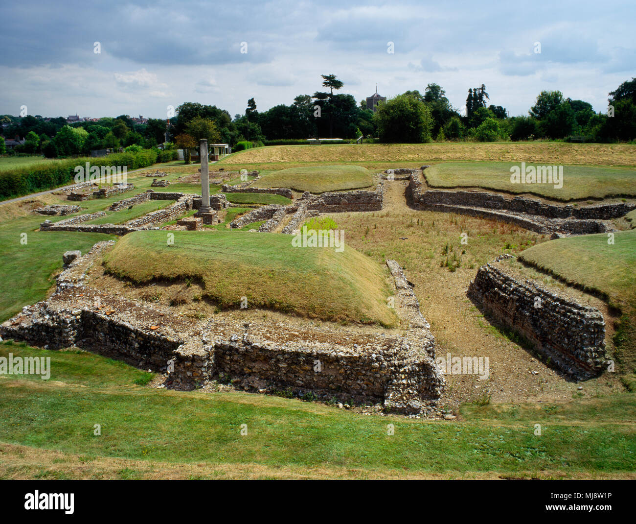 View east across Verulamium Roman theatre, St Albans, UK. Looking ...
