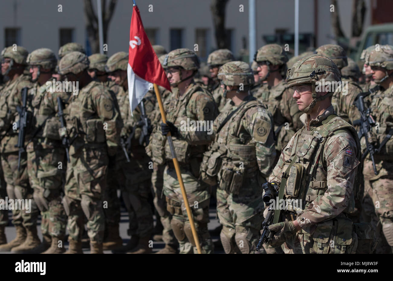 The soldiers of Battle Group Poland stand in formation as they ...