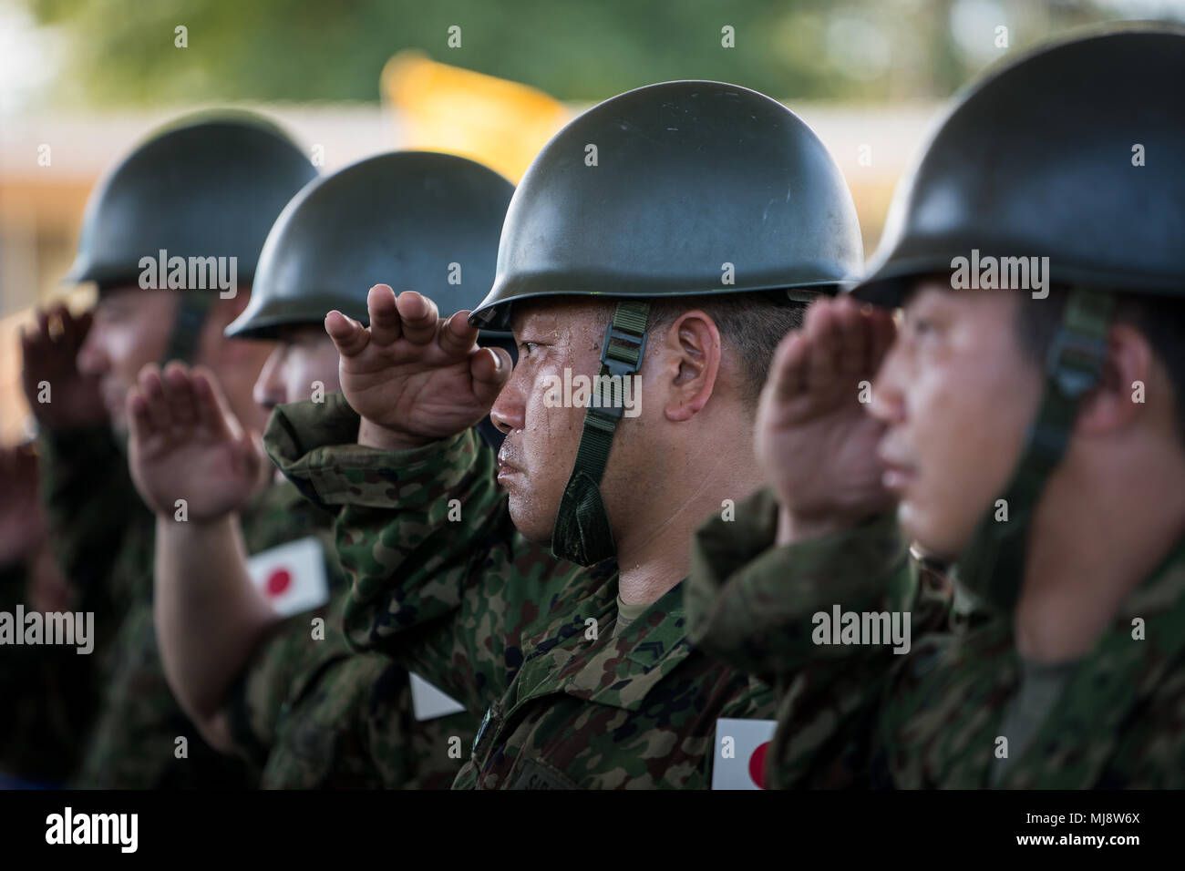 Japan Ground-Self Defense Force soldiers salute for the Japanese ...